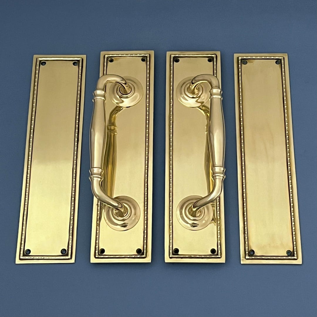 Large 12" Brass Edwardian Door Pull Grab Handles + Finger Push Plates ...