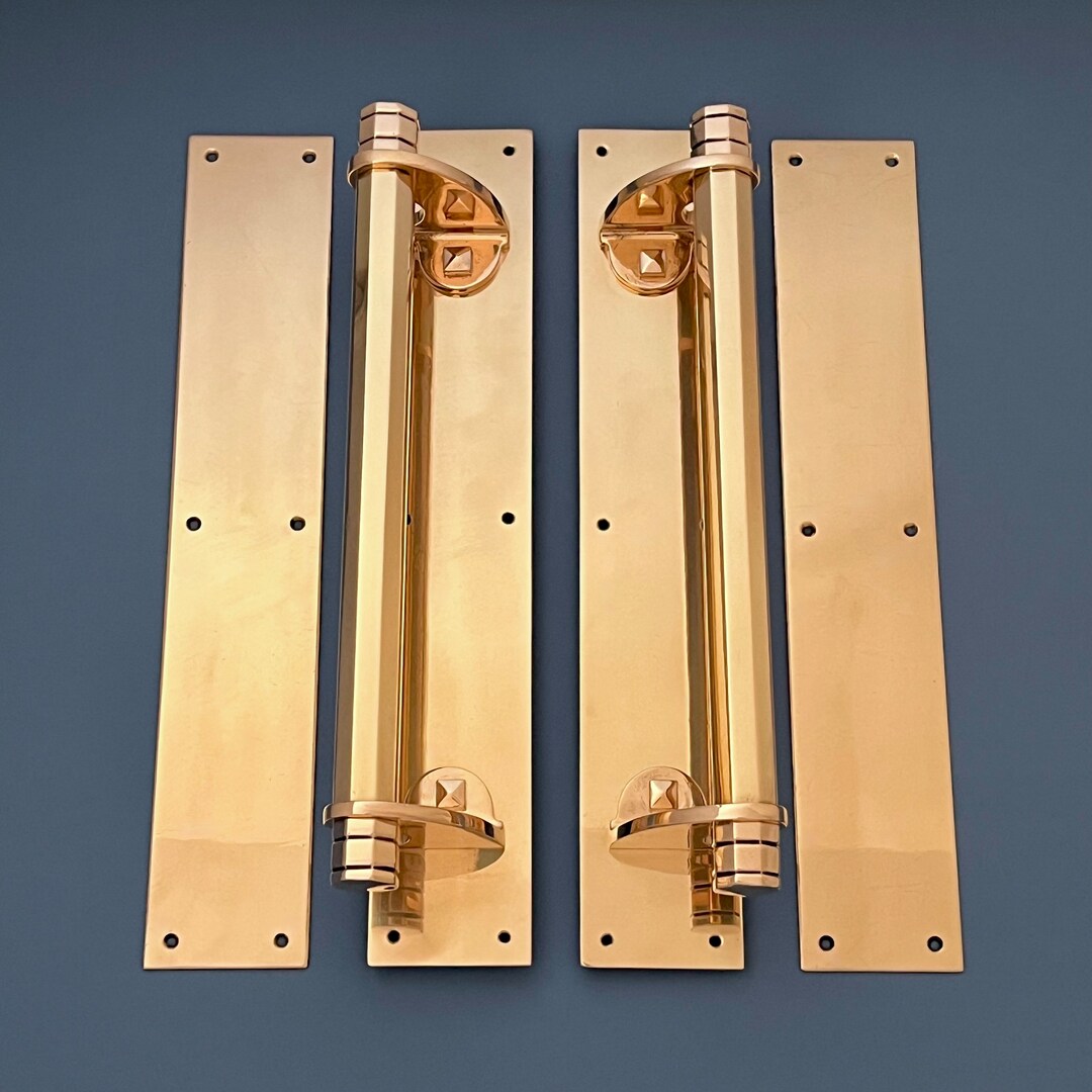 Set Large Brass 15" Art Deco Door Pull Grab Handles + Finger Push ...