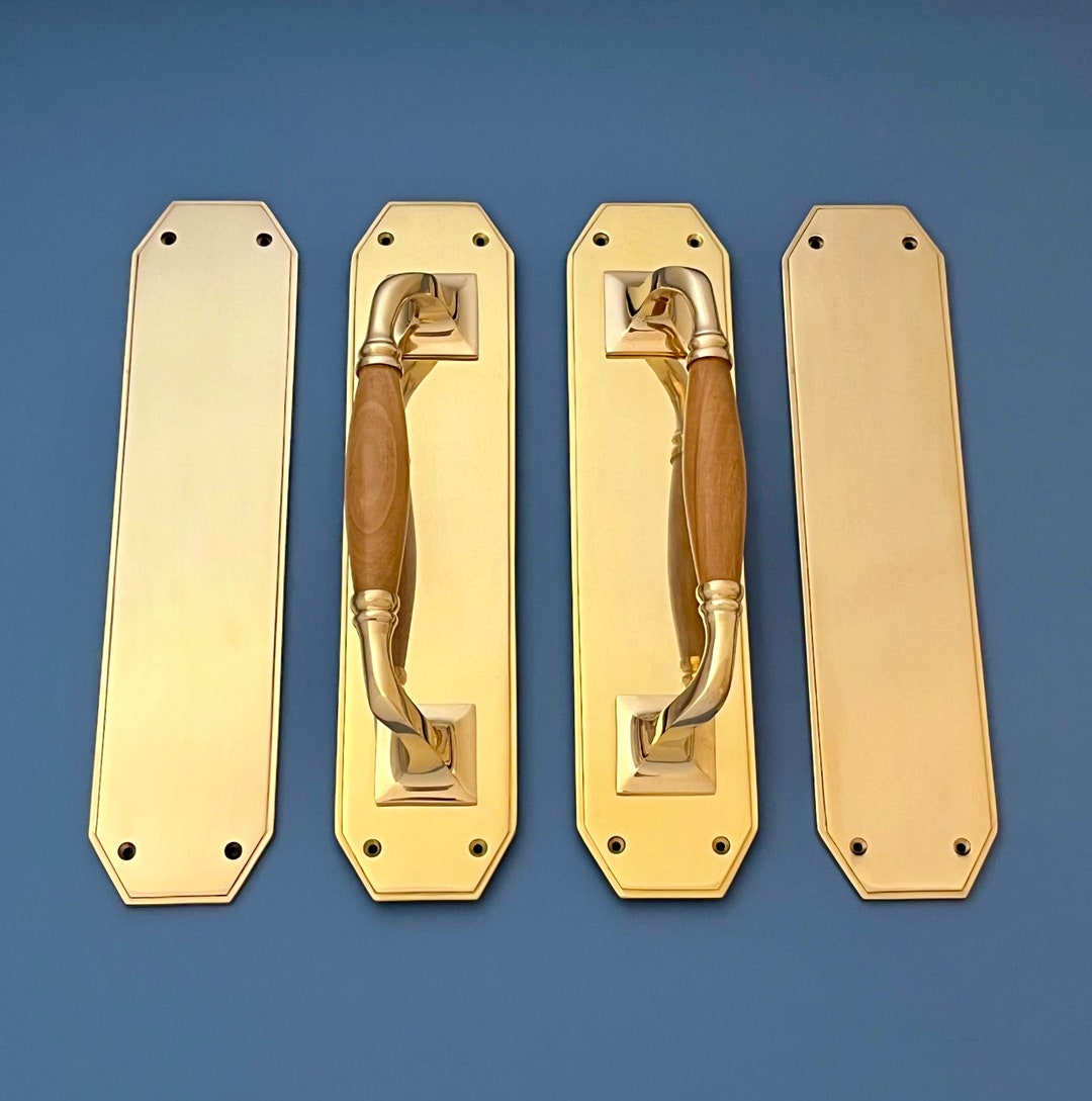 Sets Large 12" Art Deco Brass Teak Wood Door Pull Handles + Matching ...