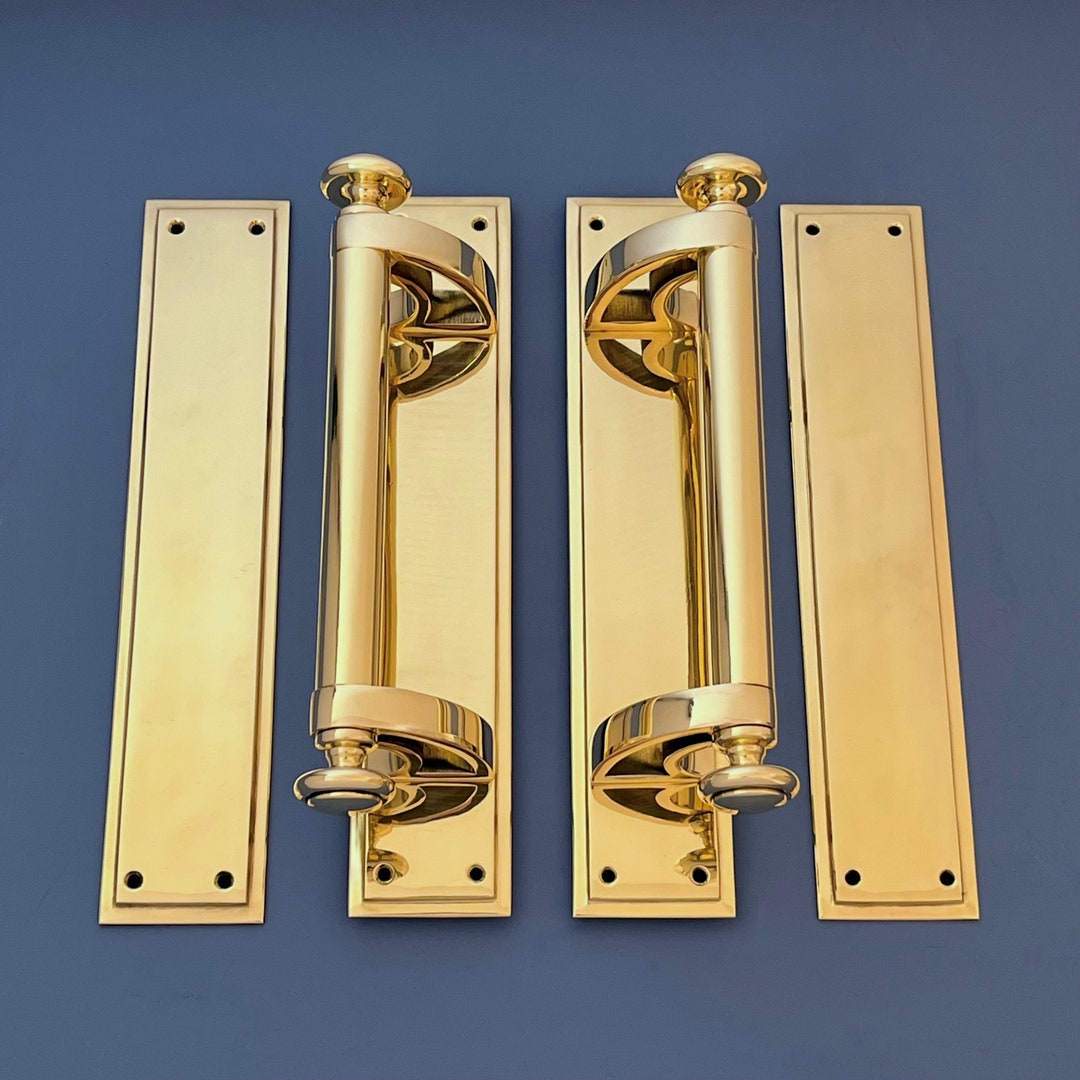 Large 12" Brass Edwardian Door Pull Grab Handles + Matching Finger Push ...