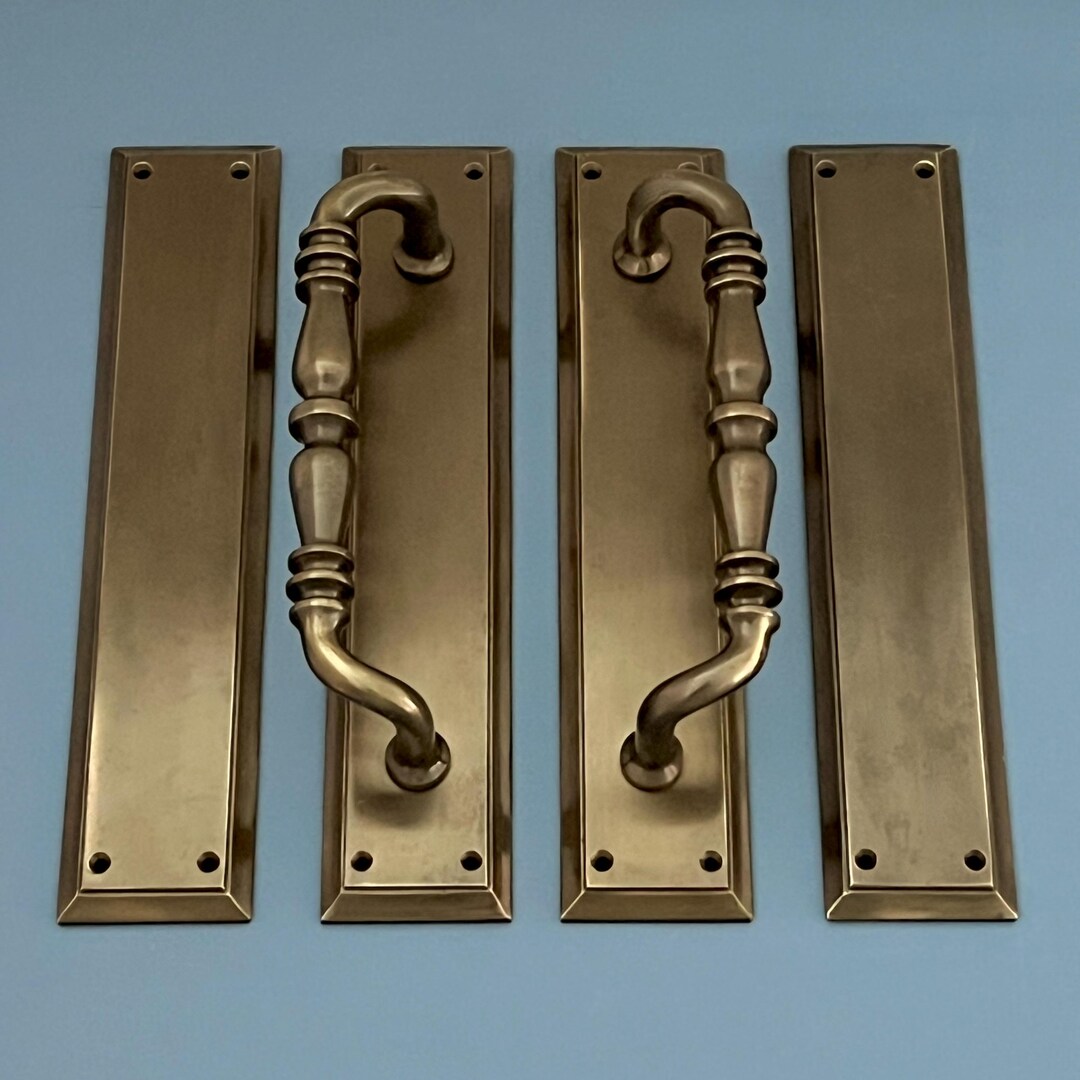 Large 12" Brass Edwardian Door Pull Grab Handles + Finger Push Plates ...
