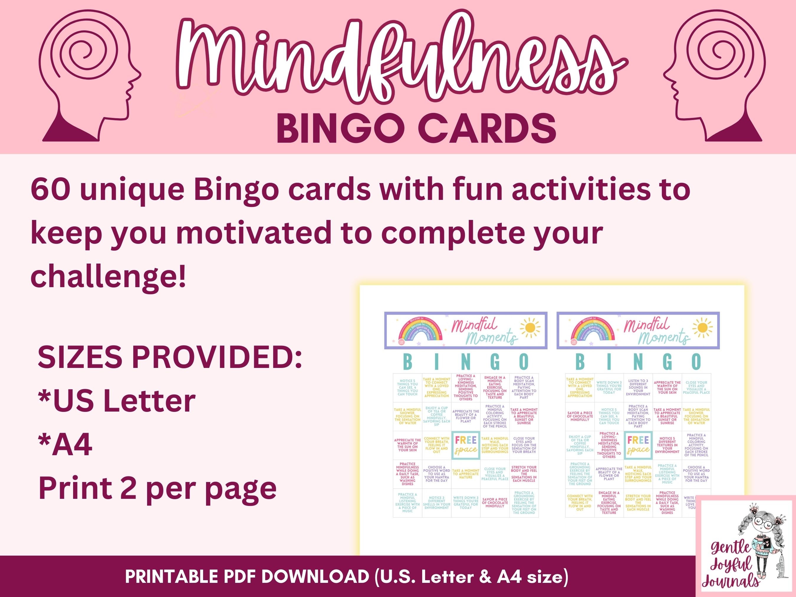 Mindful Moments Mindfulness Bingo Printable 60 Unique Bingo Cards LARGE ...