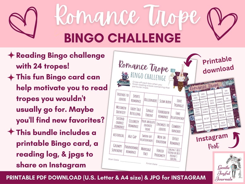 Romance Trope Bingo Challenge & Reading Log for Book Lovers Printable ...