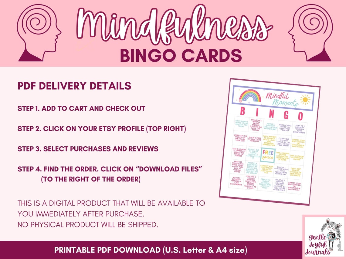 Mindful Moments Mindfulness Bingo Printable 60 Unique Bingo Cards LARGE ...