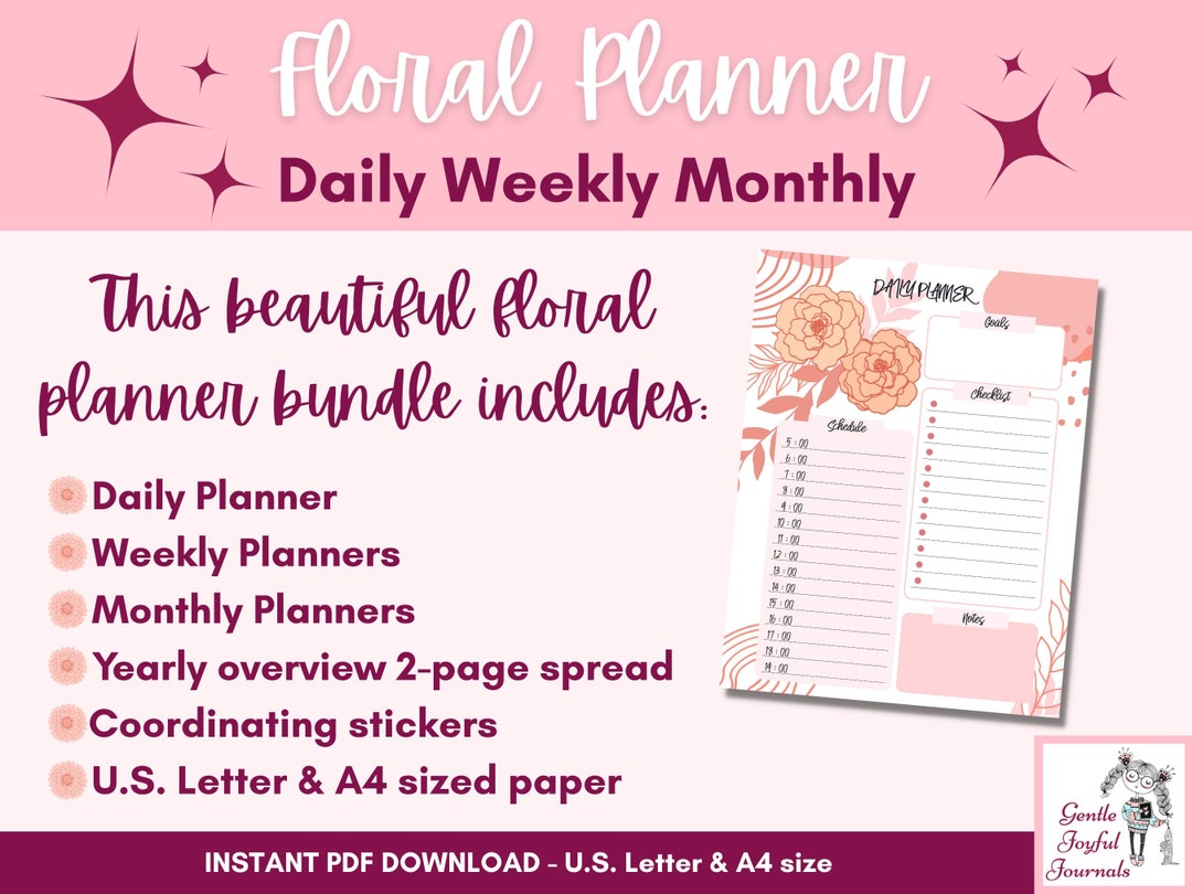 Daily Planner Printable Floral Design Monthly Pages Sunday & Monday ...
