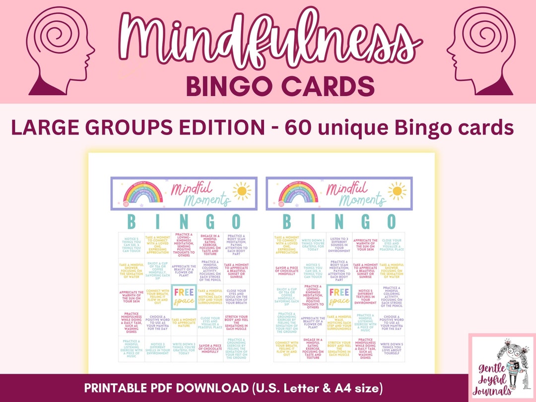Mindful Moments Mindfulness Bingo Printable 60 Unique Bingo Cards LARGE ...