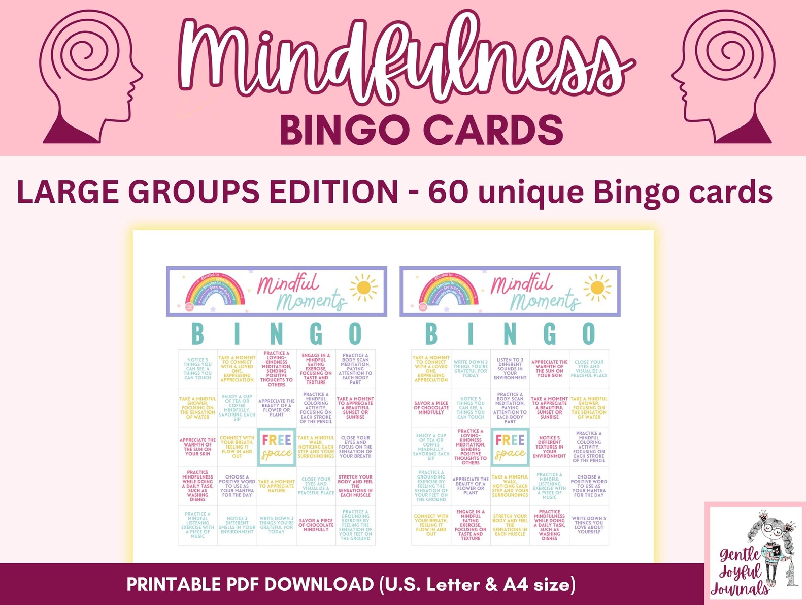 Mindful Moments Mindfulness Bingo Printable 60 Unique Bingo Cards LARGE ...