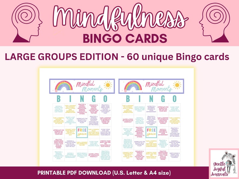 Mindful Moments Mindfulness Bingo Printable 60 Unique Bingo Cards LARGE ...