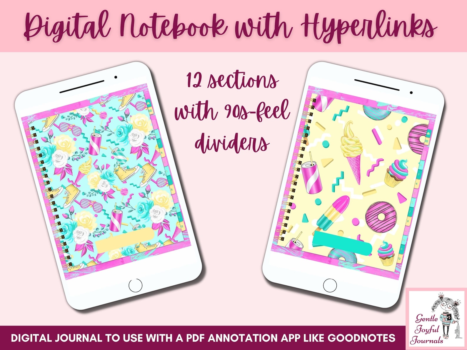 90s Retro Digital Notebook 12 Custom Sections Hyperlinked Notepad ...