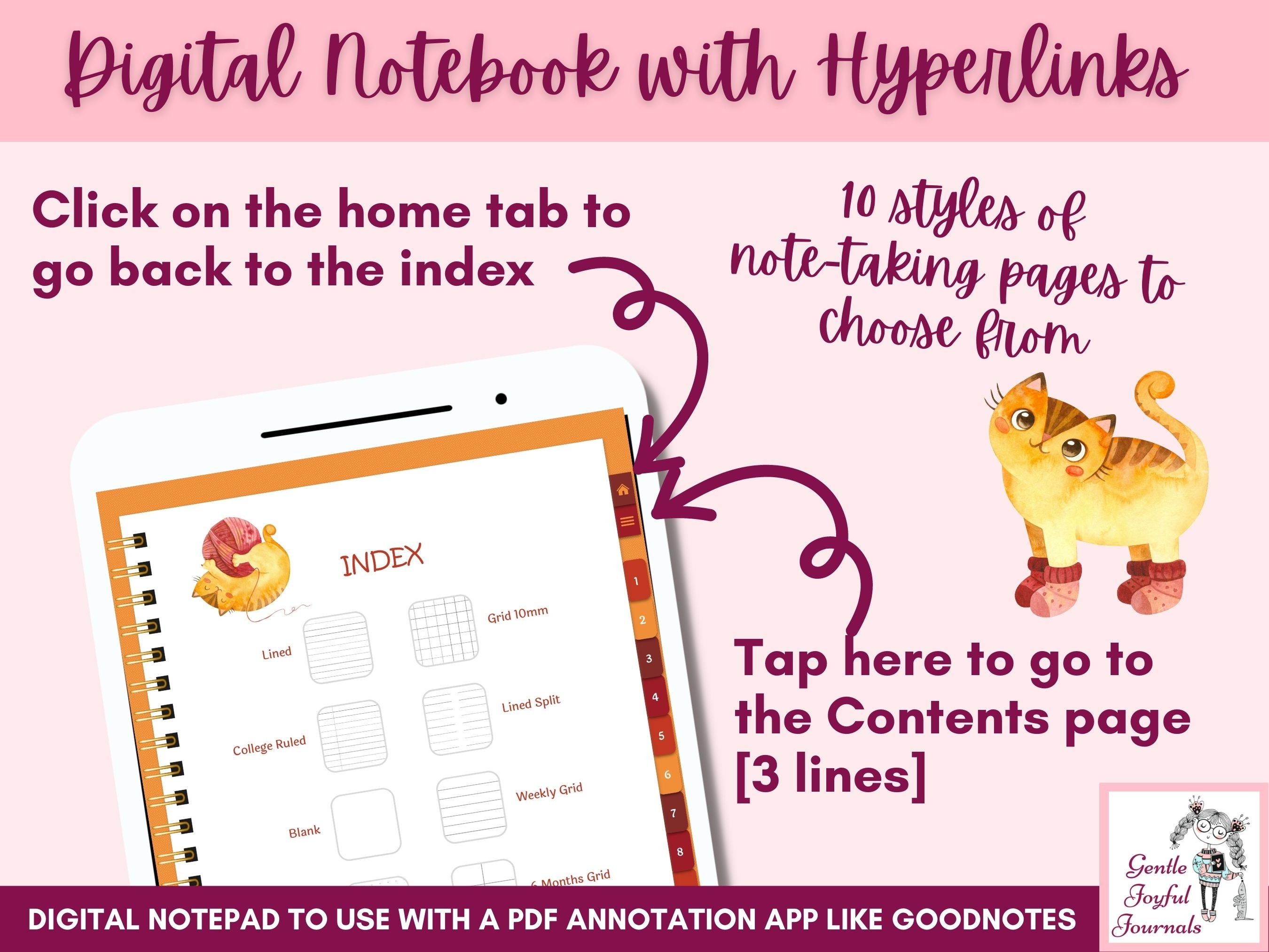 Digital Notebook With Cats 12 Custom Sections Hyperlinked Notepad to ...