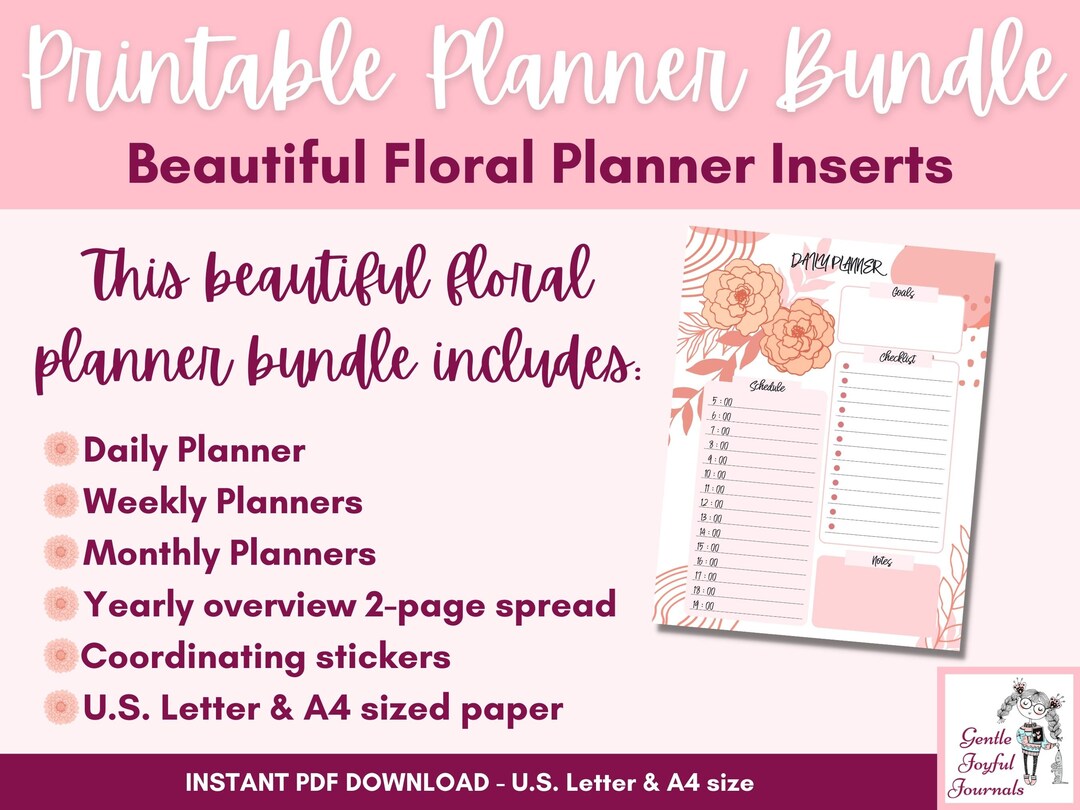 Daily Planner Printable Floral Design Monthly Pages Sunday & - Etsy
