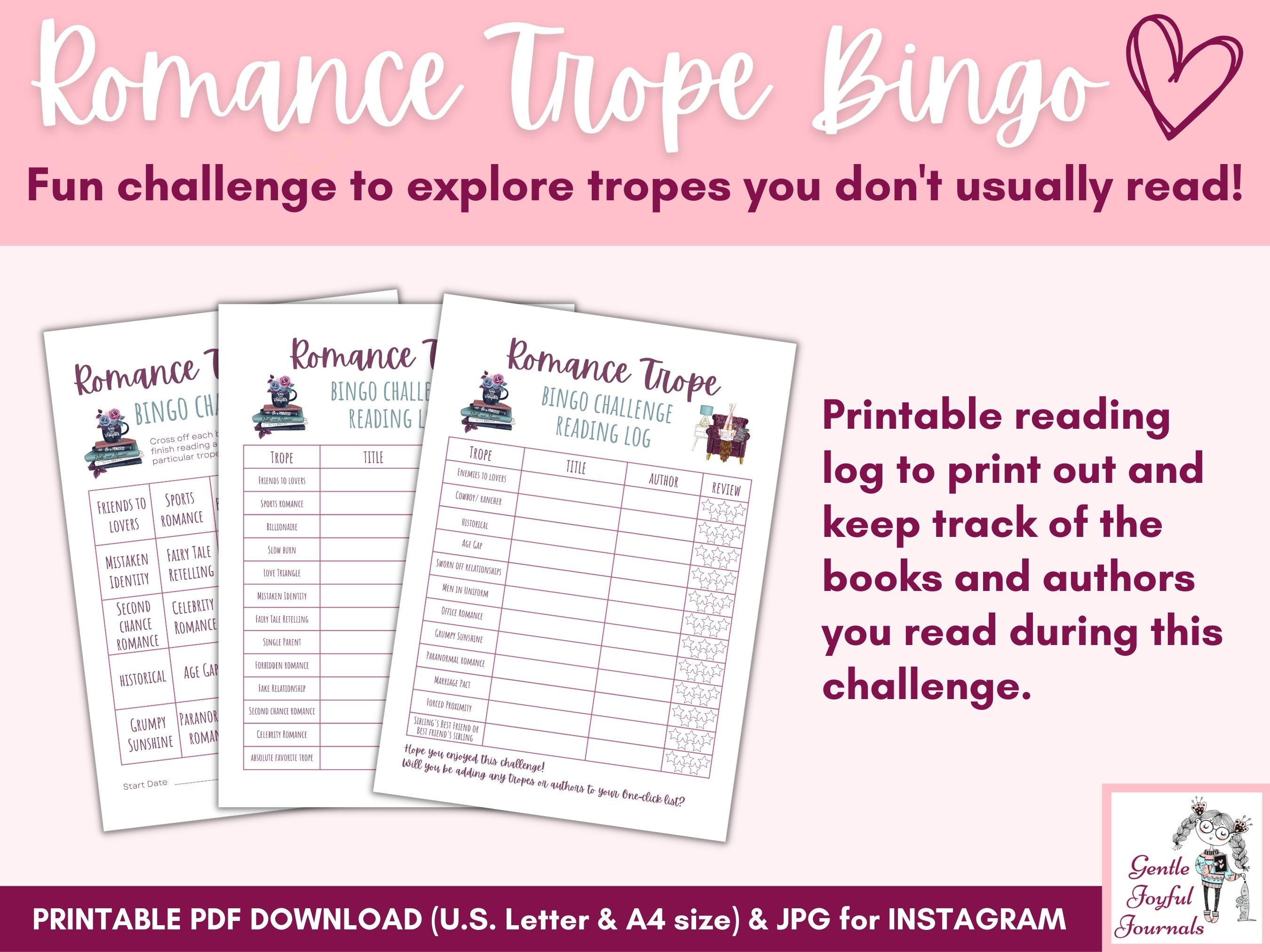 Romance Trope Bingo Challenge & Reading Log for Book Lovers Printable ...