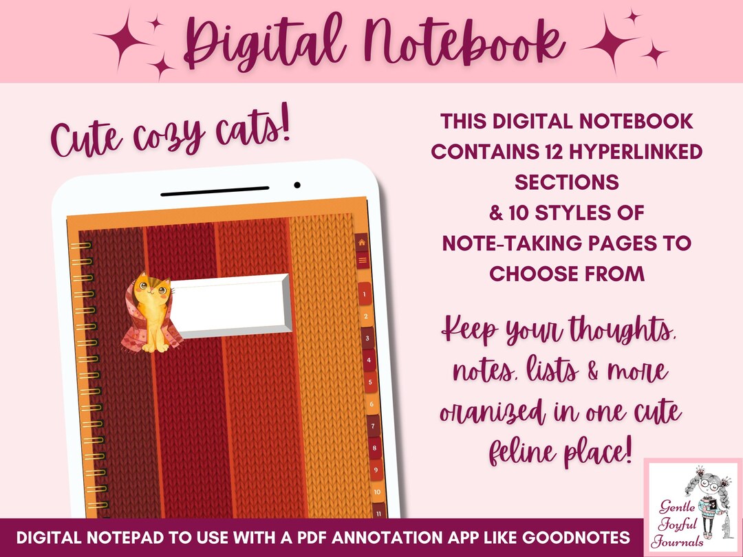 Digital Notebook With Cats 12 Custom Sections Hyperlinked Notepad to ...
