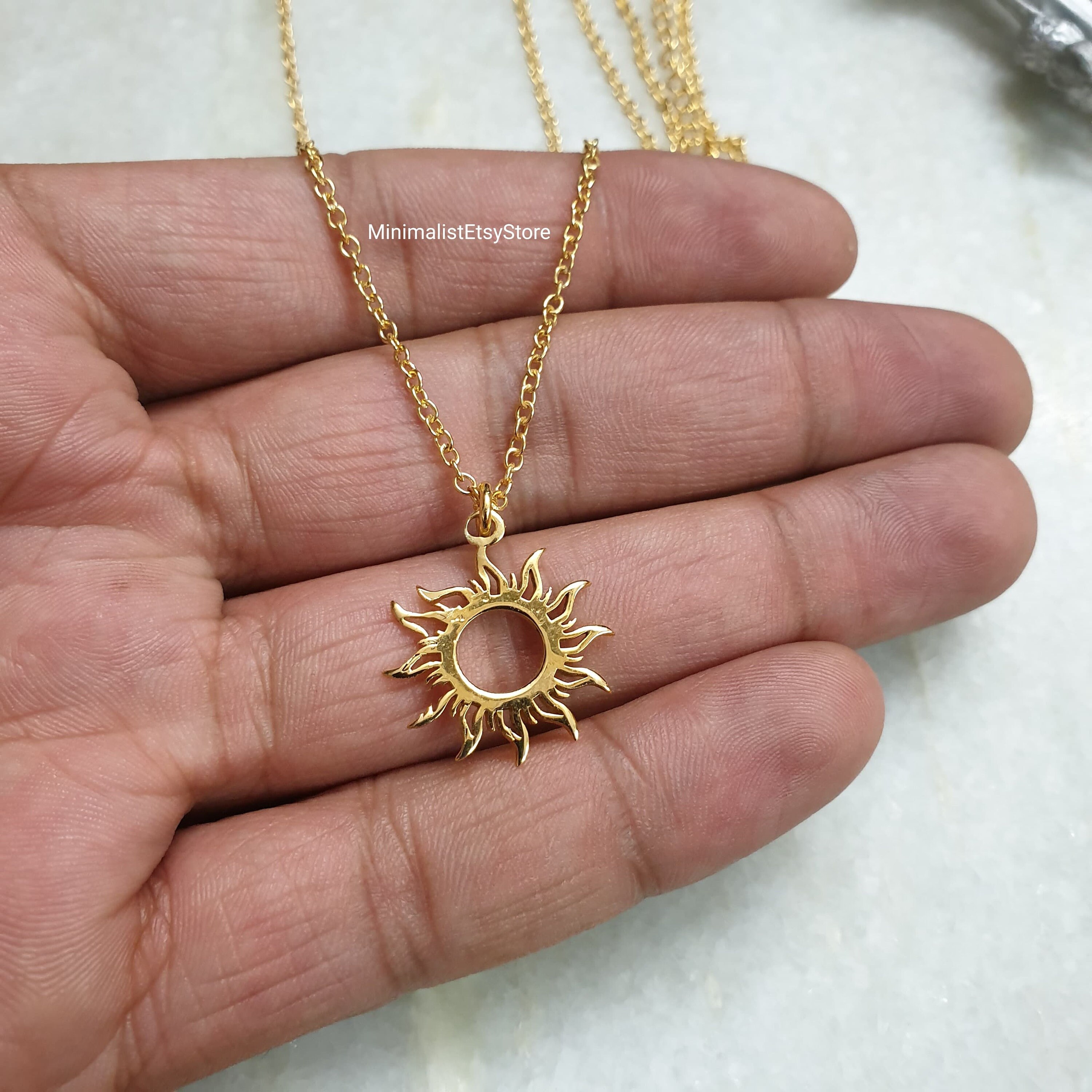 Tiny Sun Necklace, 18k Gold Plated Celestial Jewelry, Dainty Sunshine ...
