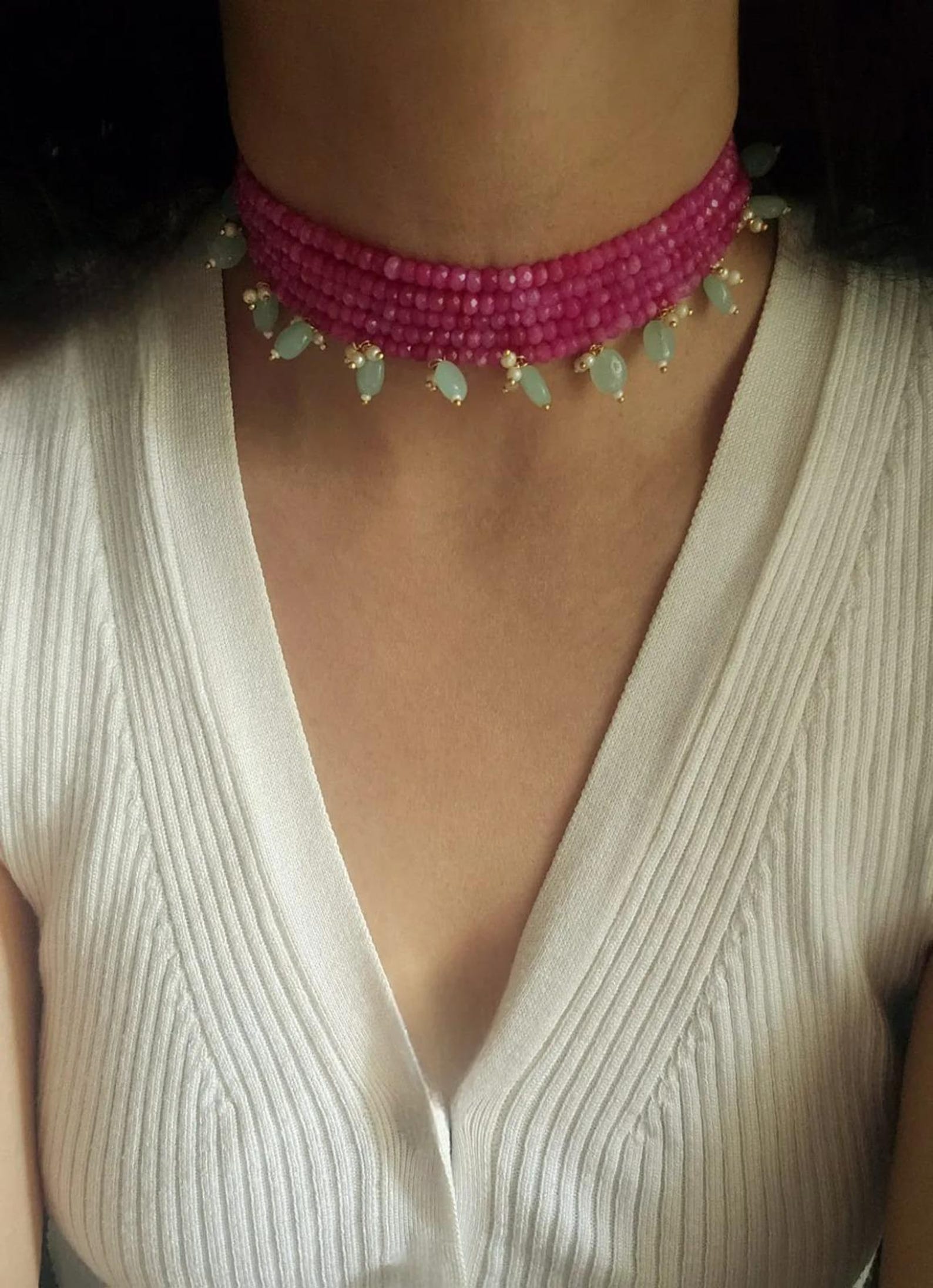 Hot Pink Beaded Sabyasachi Inspired Choker Necklace Set, Indian Bridal ...