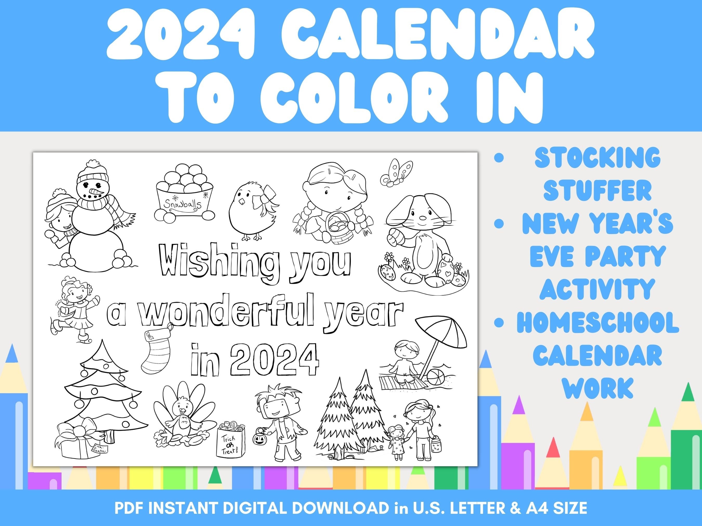 2024 Coloring Calendar for Kids Printable Monthly Pages US - Etsy