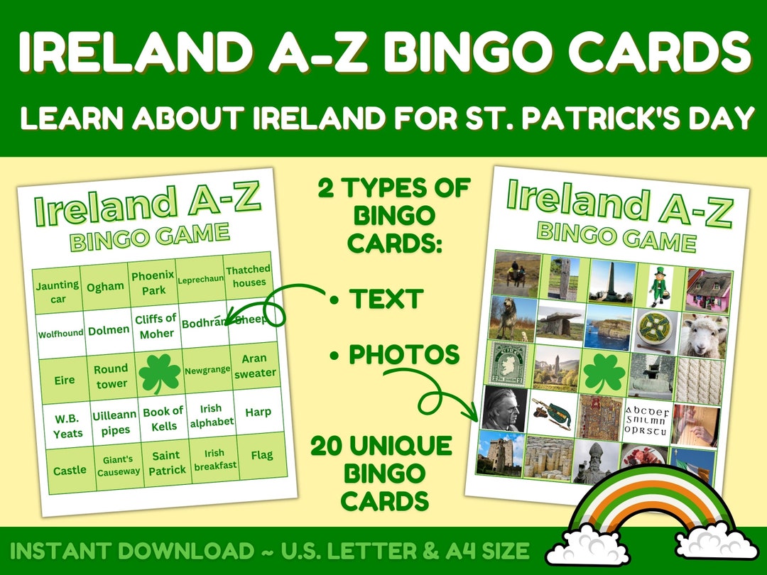 St. Patrick's Day Ireland A to Z Bingo, 20 Unique Bingo Cards, Kids St ...