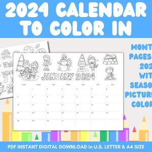 2024 Coloring Calendar for Kids Printable Monthly Pages US - Etsy