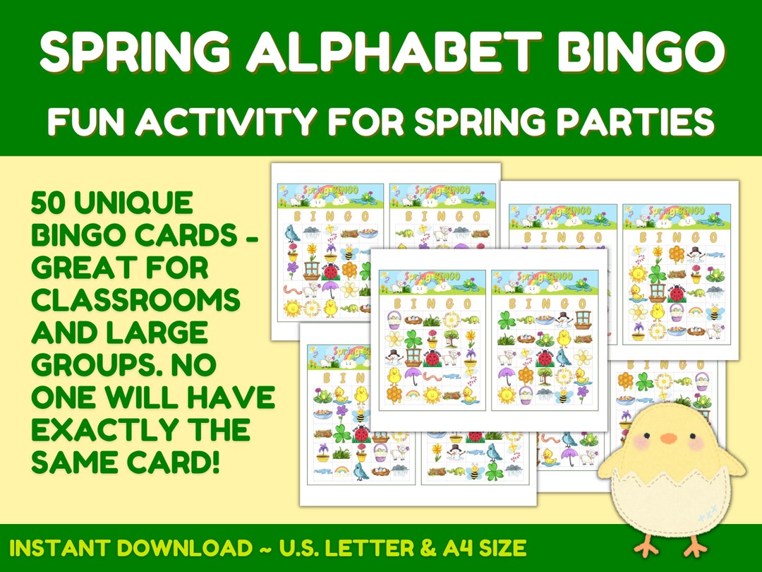 Spring Alphabet Bingo 50 Unique Bingo Cards Kids Party or Playdate ...