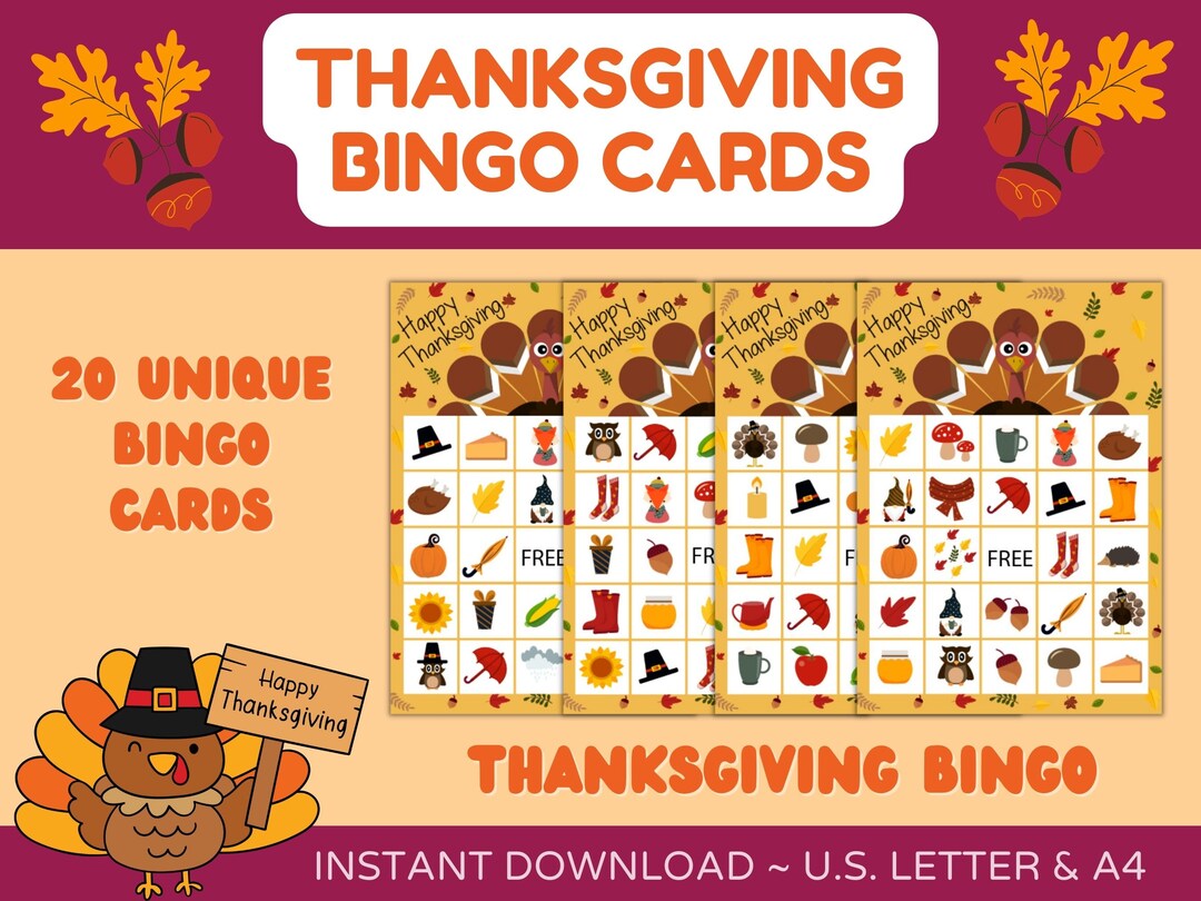 Thanksgiving Bingo 20 Unique Bingo Cards Kids November - Etsy