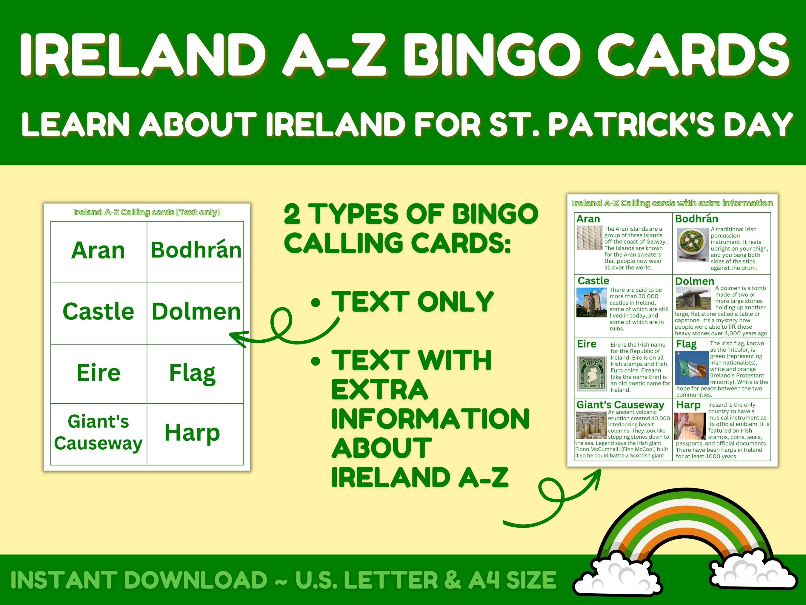 St. Patrick's Day Ireland A to Z Bingo, 20 Unique Bingo Cards, Kids St ...
