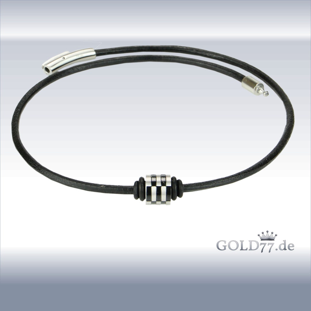 Leather Necklace Black With Firestone Beads/pearls Stainless Steel 40 ...