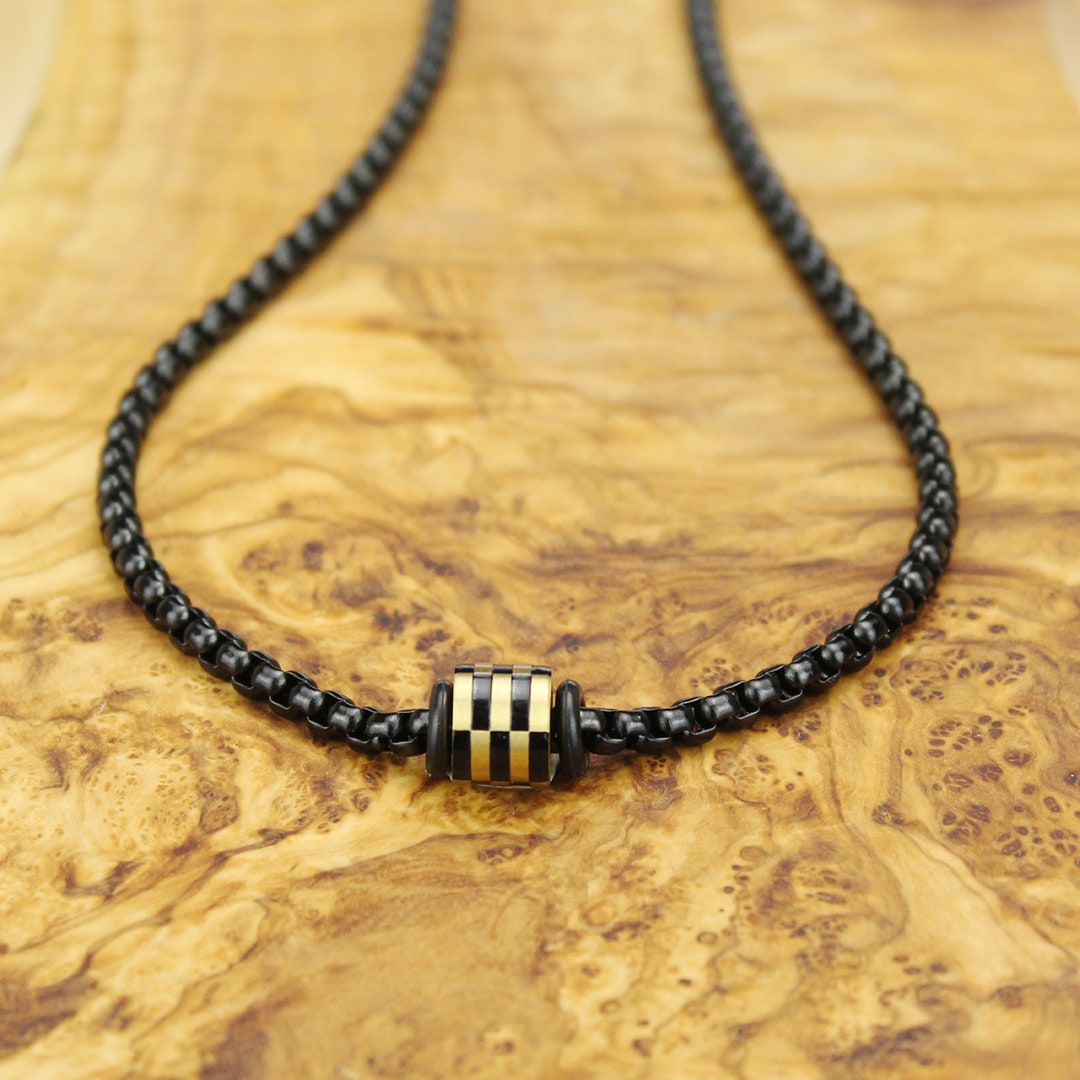 Necklace Black Gun With Firestone Beads Stainless Steel Beads Gold Matt ...