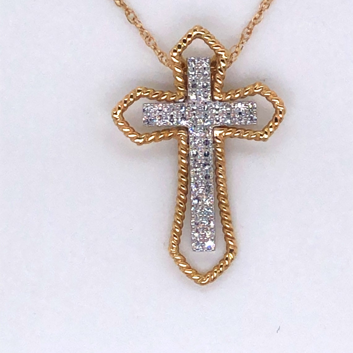 Diamond Cross 14K Yellow and White Gold Ornate Rope Style Details 0 ...