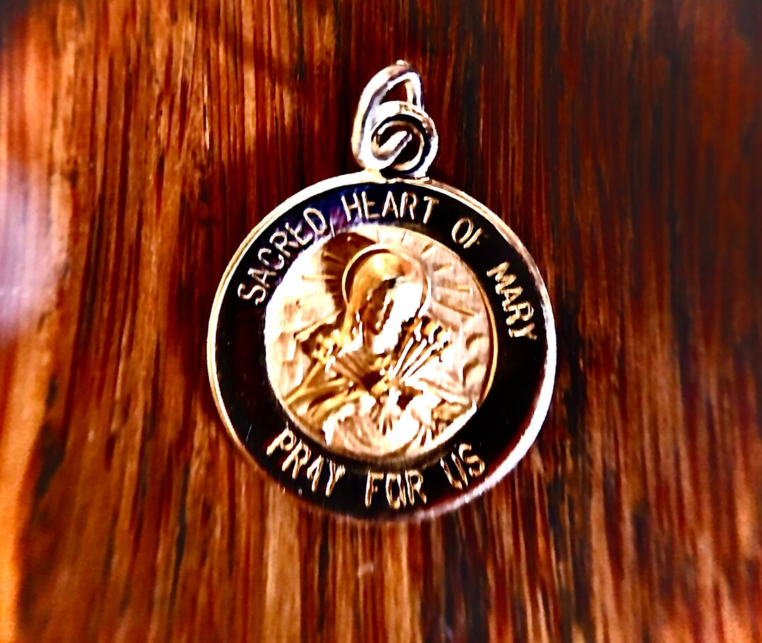 Mother Mary Sacred Heart Necklace Saint Santa Maria Medallion 14K Solid ...