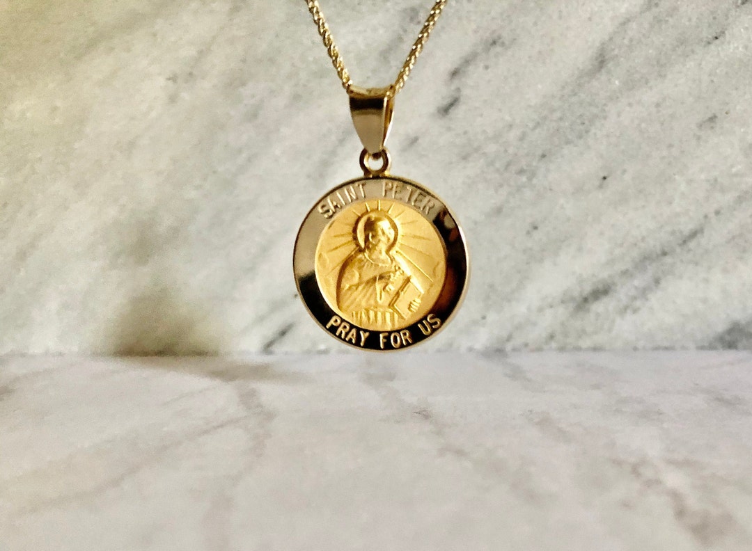 St Peter Necklace Large Saint Medallion Medal Baptism Christening 14K Solid Yellow Gold Charm Evangelist Religious Catholic Pendant Saint Etsy