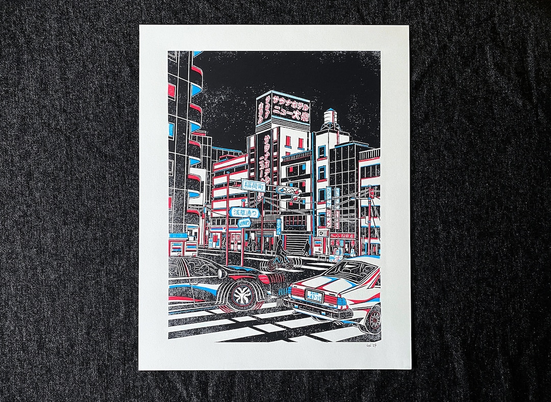 Tokyo City Night Scene Handmade Linocut Print - Neon Lights Aesthetic ...