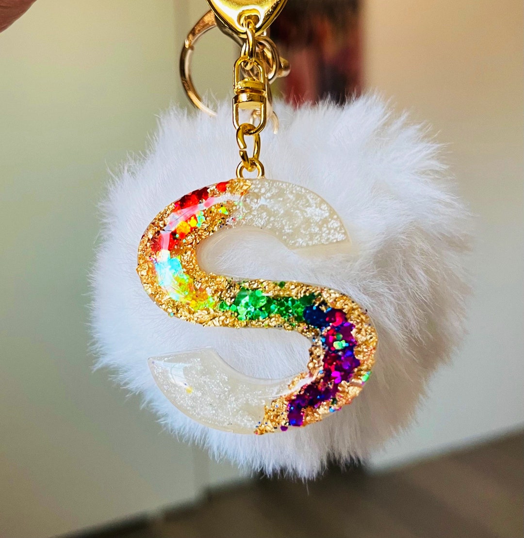 Rainbow Keychain/initial Keychain Key Ring/ Pompom - Etsy