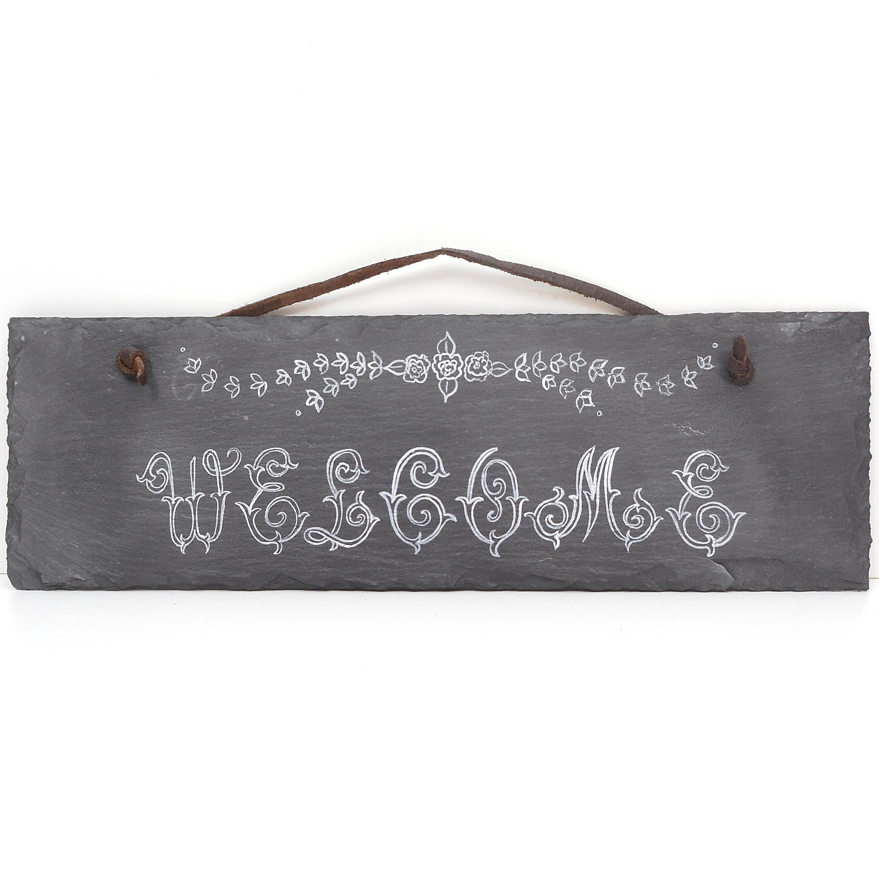 Original Hand Painted Slate Script and Floral Welcome Sign Small Black ...