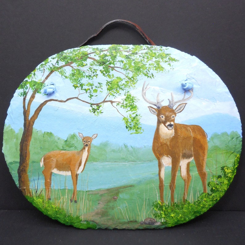 Hand Painted Slate White Tail Deer on Medium Hand Chiseled Oval Shaped ...