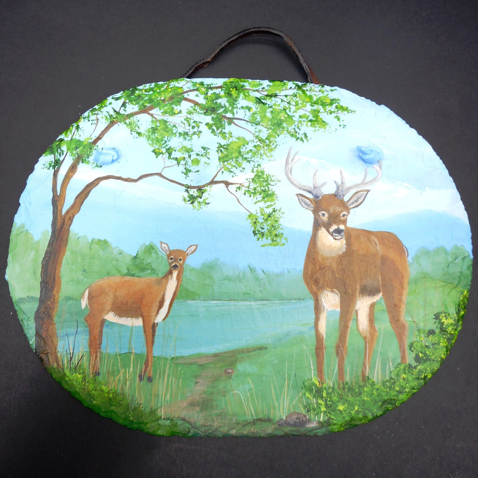 Hand Painted Slate White Tail Deer on Medium Hand Chiseled Oval Shaped ...