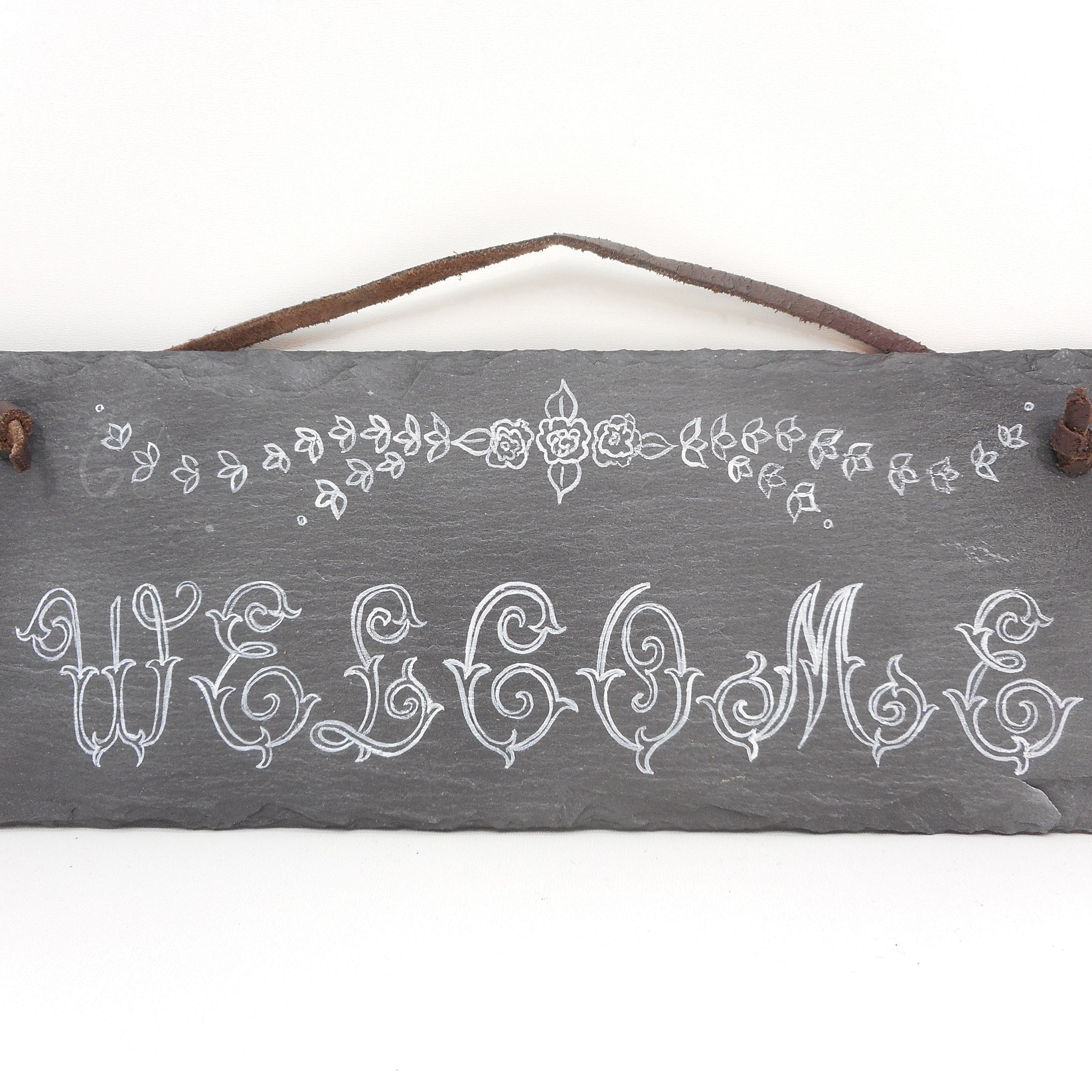 Original Hand Painted Slate Script and Floral Welcome Sign Small Black ...
