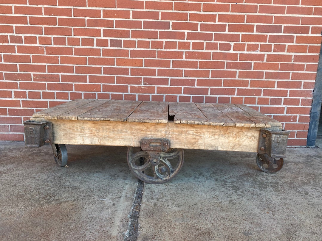 Industrial Wooden Cart Table With Wheels, Unique Farmhouse Coffee Table ...