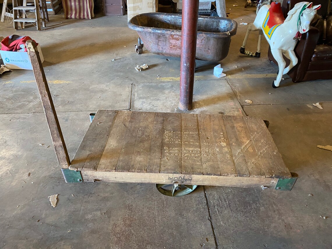 Industrial Wooden Cart Table With Wheels, Unique Farmhouse Coffee Table ...