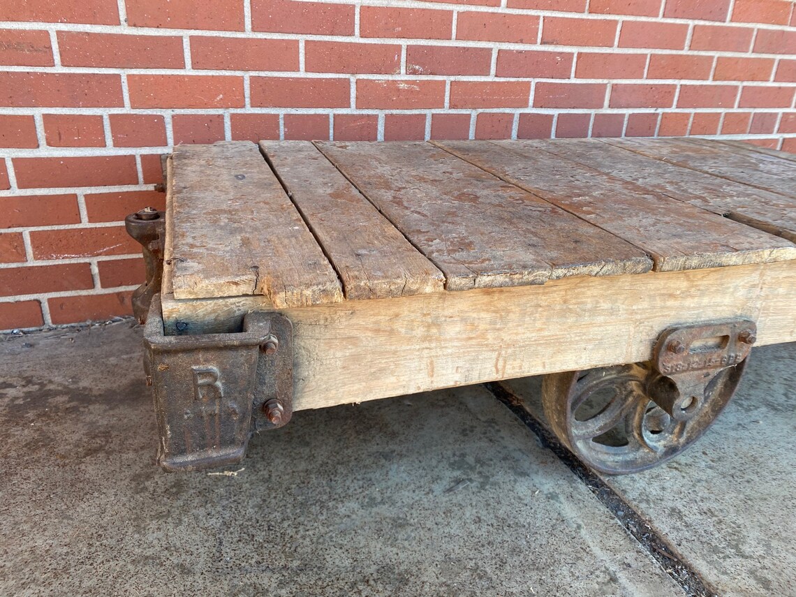 Industrial Wooden Cart Table With Wheels, Unique Farmhouse Coffee Table ...