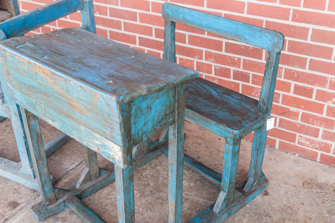 1940's Blue Painted School Desk With Bench Kids Bedroom | Etsy