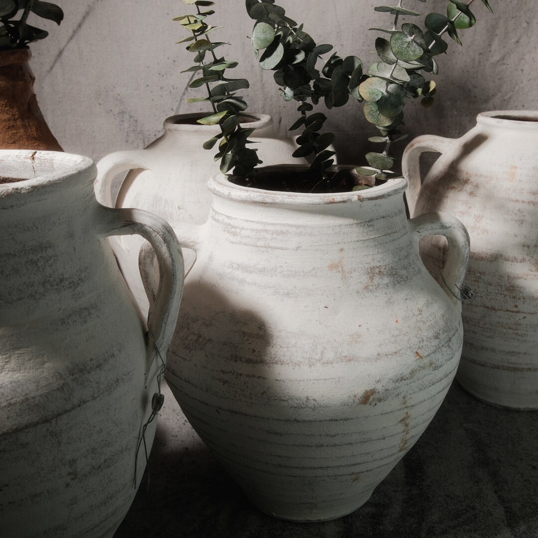 Turkish Terracotta Olive Pot With Handles White-washed Olive Pots ...