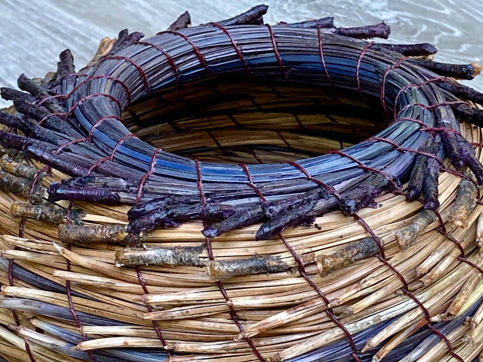 Rare Torrey Pine-needle Spiky Hedgehog Basket, Dark Purple & Natural ...