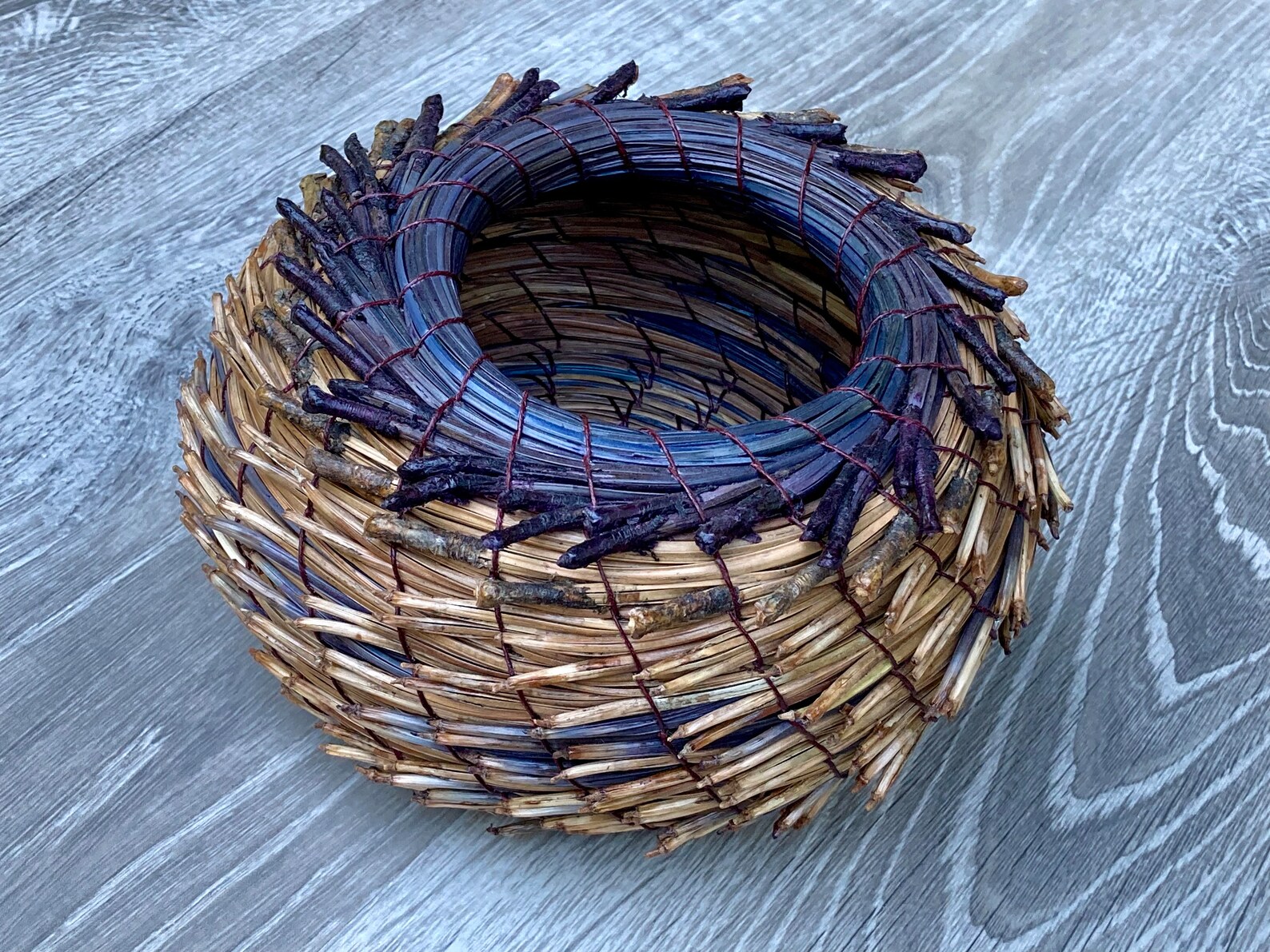 Rare Torrey Pine-needle Spiky Hedgehog Basket, Dark Purple & Natural ...