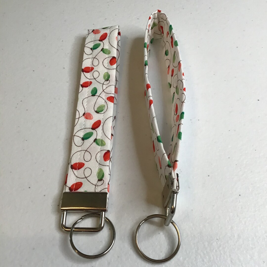 Fabric Key Fob Wristlet Christmas Lights on White With Silver Tone ...