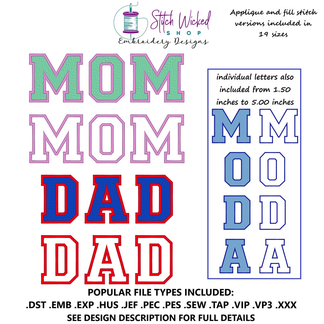 Mom and Dad Applique Design, Mom and Dad Embroidery Design, Mother's ...