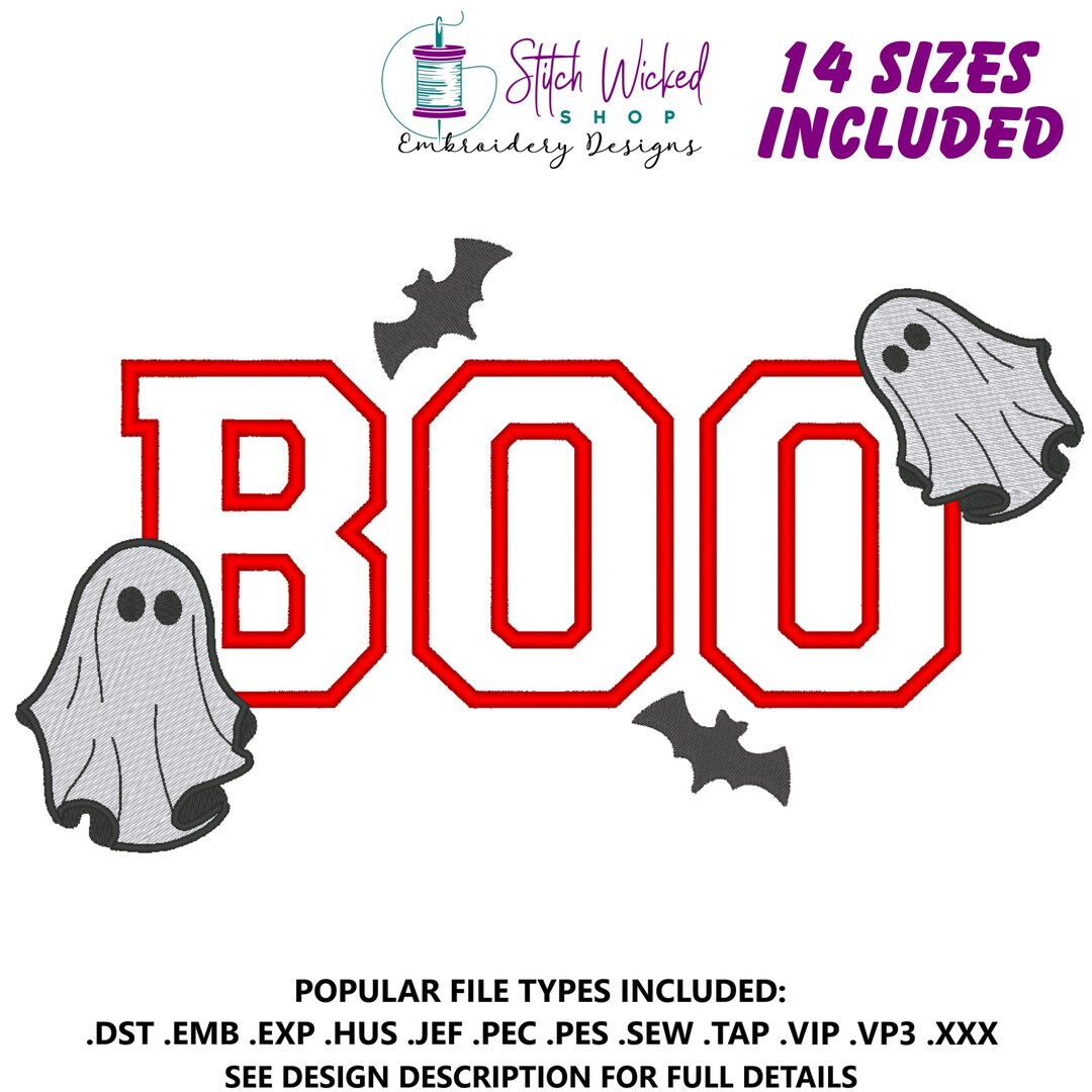 Boo Applique Embroidery Design, Bats Halloween Machine Embroidery ...