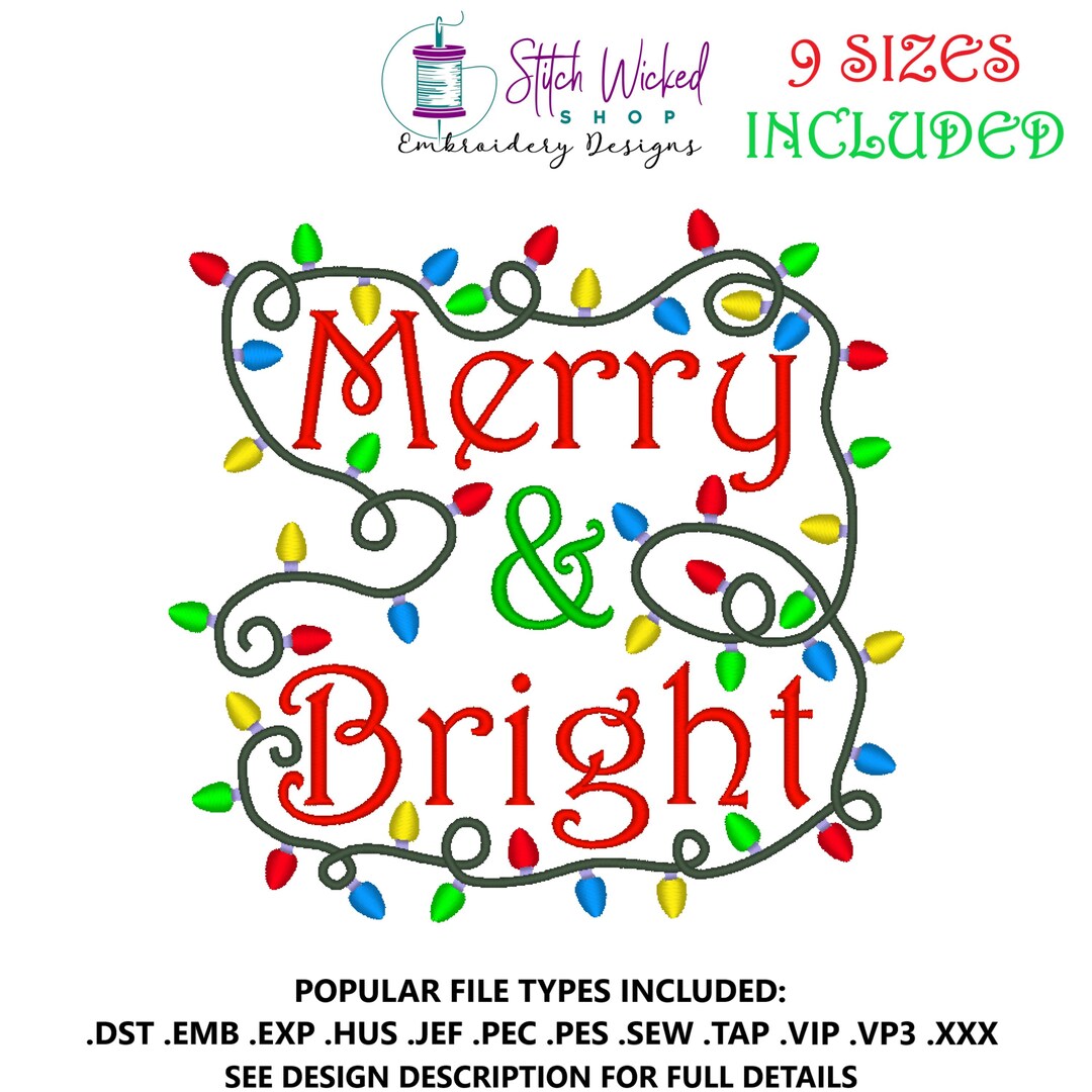Merry and Bright Embroidery Design, Christmas Lights Embroidery Design ...