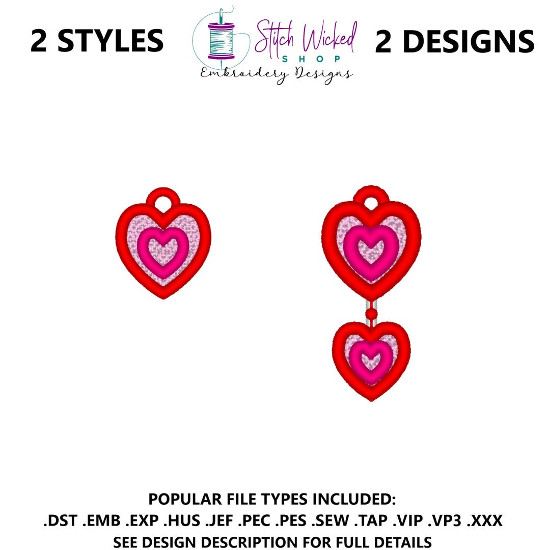 FSL Hearts Earrings Embroidery Design, Free Standing Lace Double Hearts ...