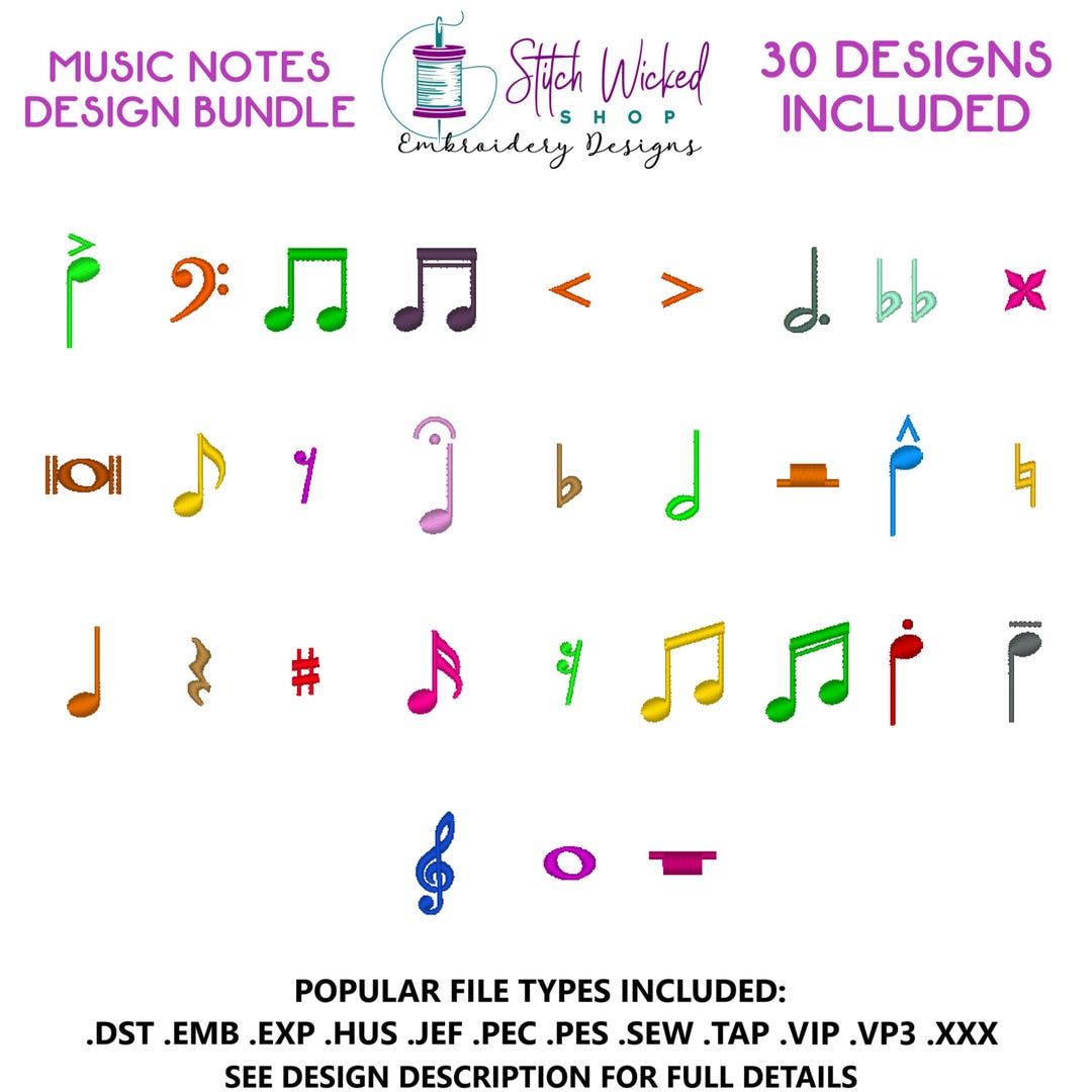 Music Notes Embroidery Design Bundle, Mini Music Notes Embroidery ...