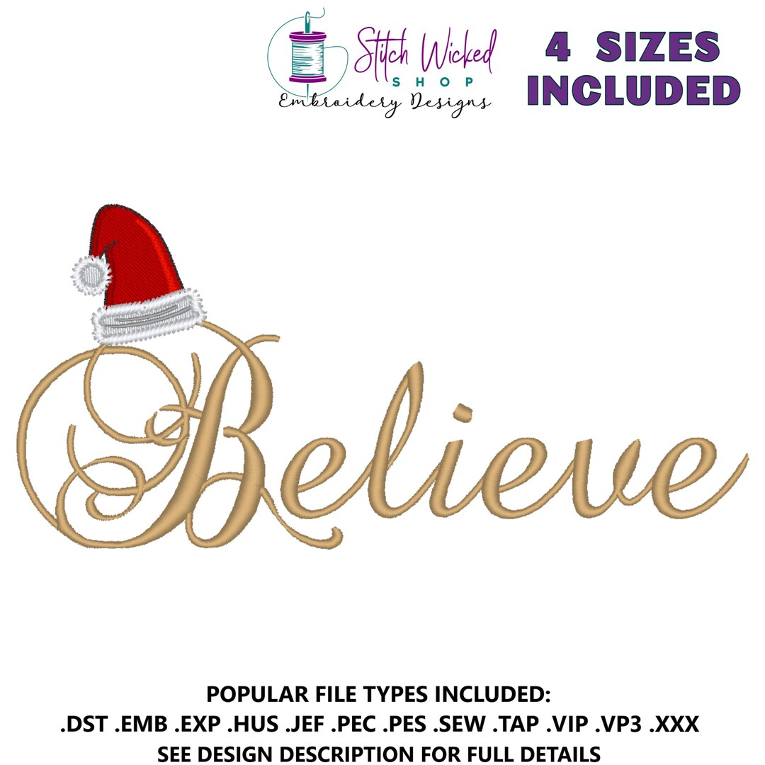 Santa Hat Believe Embroidery Design, Christmas Embroidery Design ...